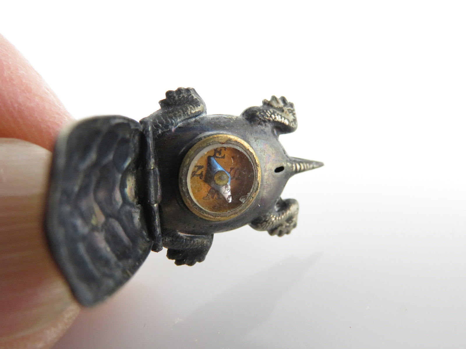 Vintage Japanese Hidden Compass Turtle Charm Feng Shui Silvered Turtle